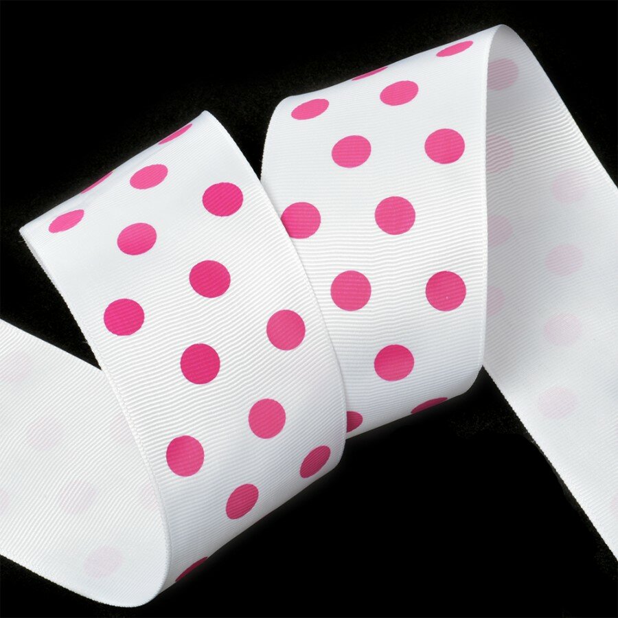 Лента репсовая в рубчик LDRG02918750 (75) крупный горошек 50мм цв. белый-розовый уп.27,4м