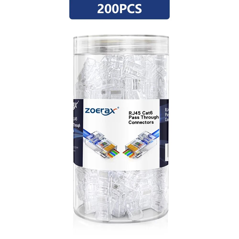 200шт Проходные разъемы RJ45 Cat6, прозрачные