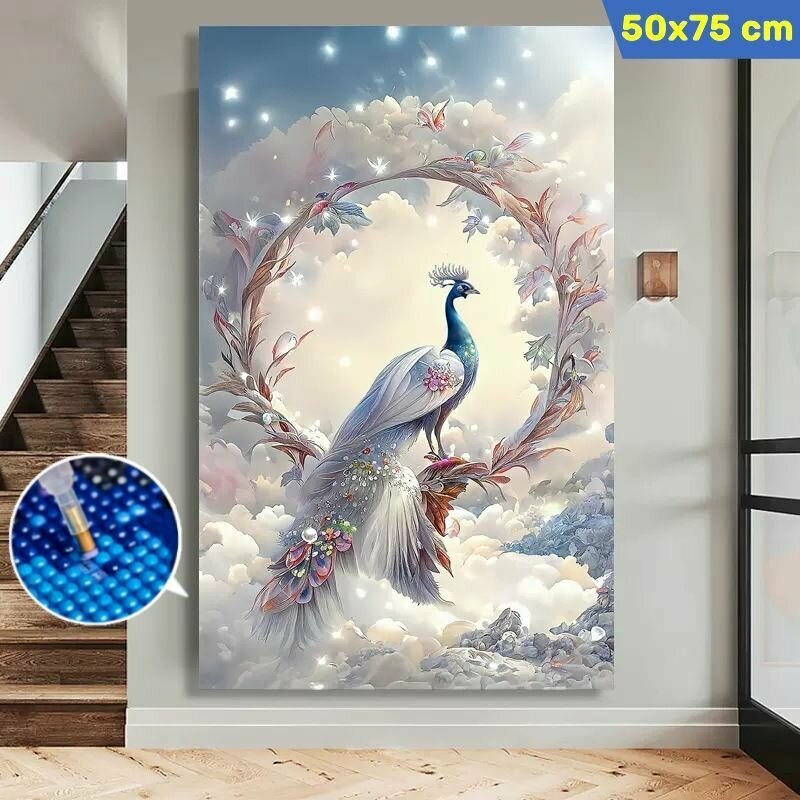 Алмазная мозаика Вышивка Живопись Картина стразами "Белый павлин" 50x75 см (без подрамника, без рамки)