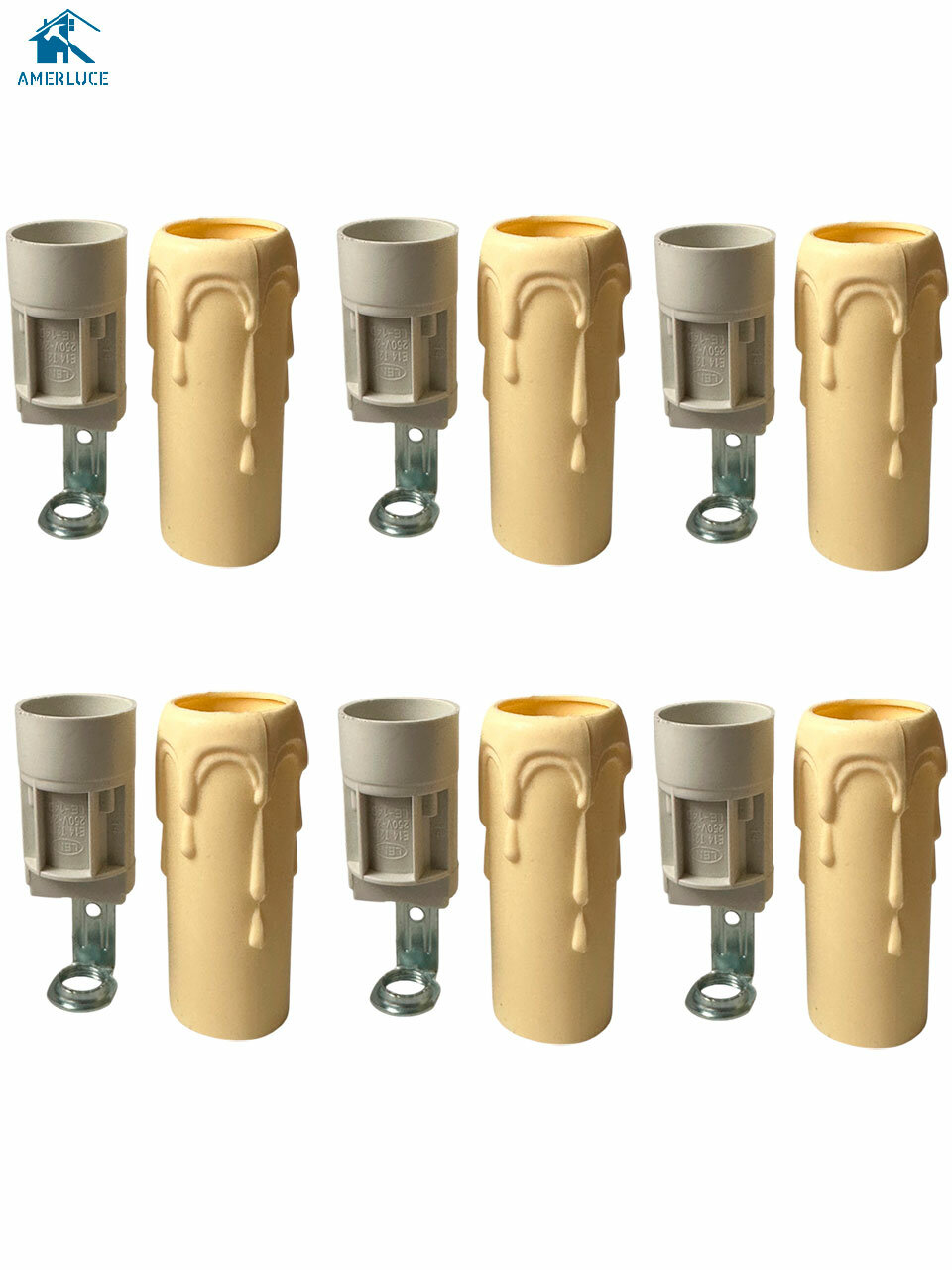 Патрон оплавленная свеча, (оплывшая свеча) Е14 для люстры в сборе, 65 мм, цвет бежевый, Е14, 6 шт