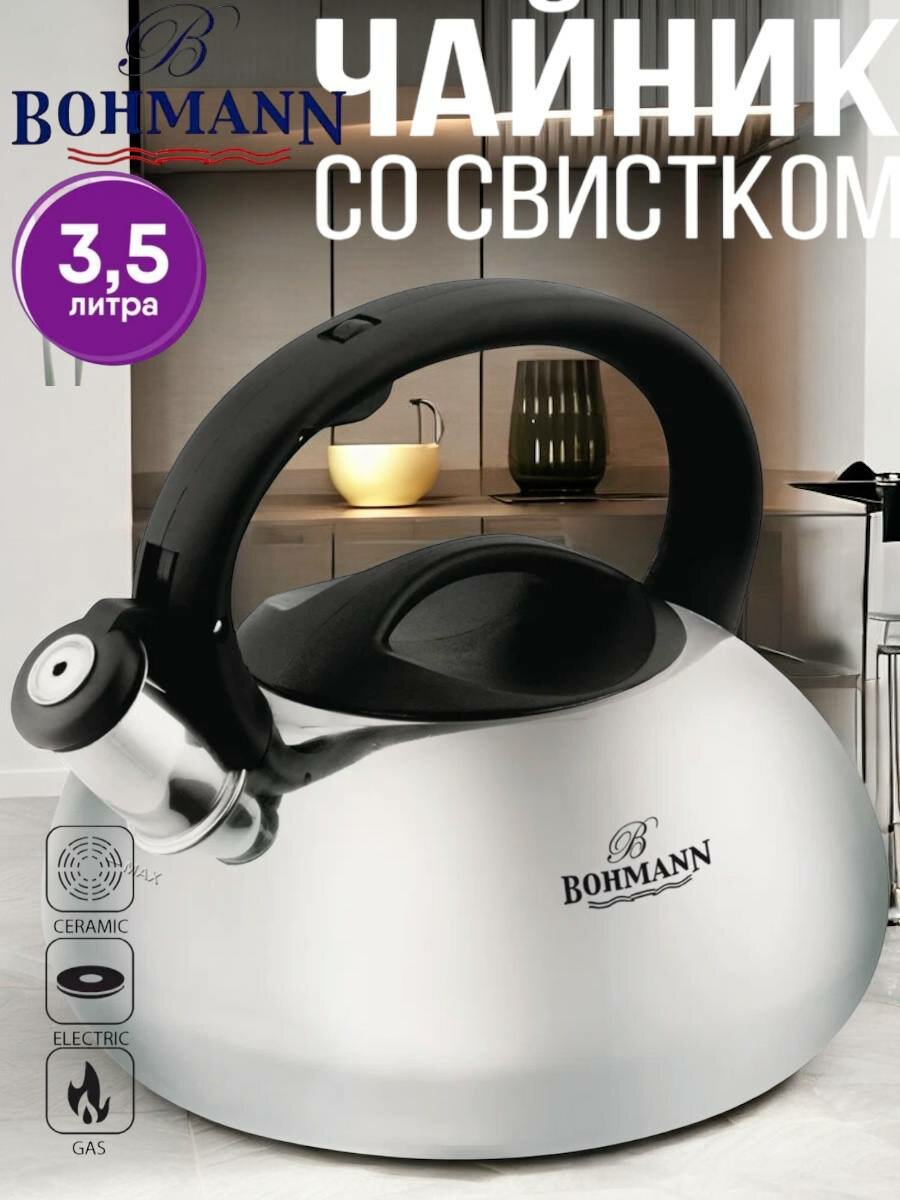 Чайник из нержавеющей стали со свистком 3,5л, черный BH - 9975