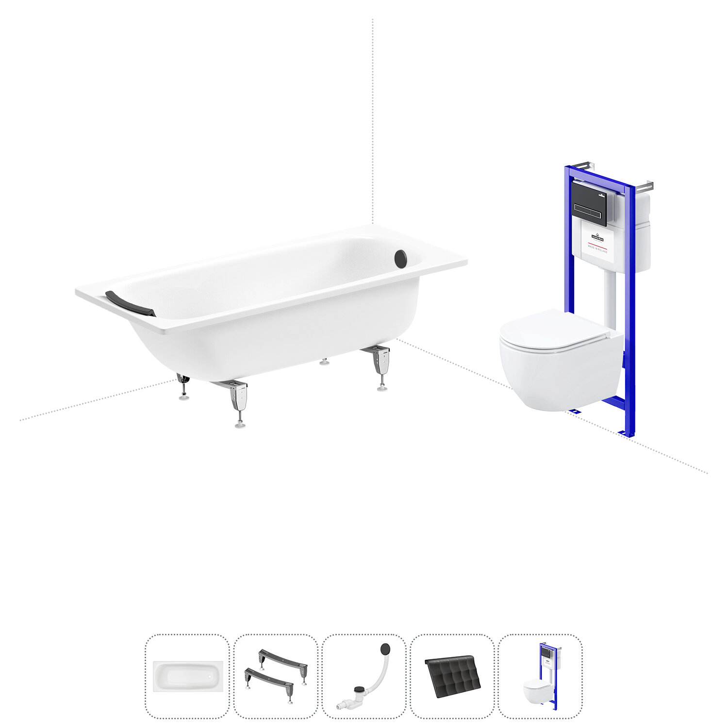 Стальная ванна 160х70 Sanitana BLB Universal 20220831R в наборе 5 в 1: металлическая ванна 160 х 70 см с шумоизоляцией, ножки, слив-перелив, подголовник, инсталляция с унитазом