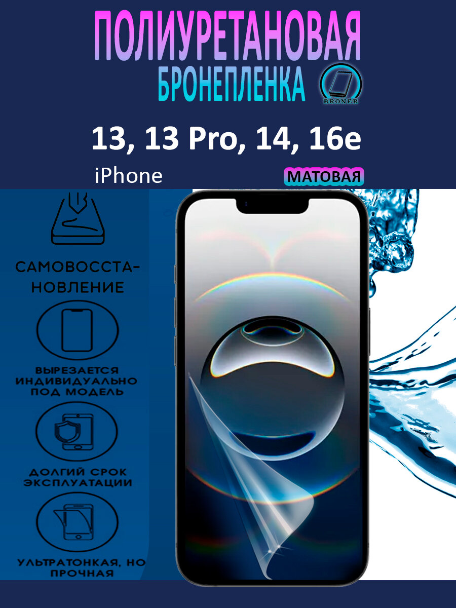 Полиуретановая бронепленка для Apple iPhone 13, 13 Pro, 14, 16e / Защитная плёнка на экран, совместима с чехлом, с вырезом под камеру / Матовая