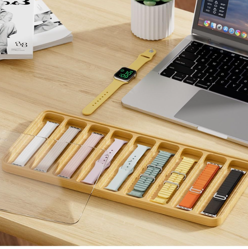 Бокс-шкатулка для сменных ремешков на часы на 9 ячеек MyPads, из качественного дерева с крышкой от пыли, идеально для организации пространства, беж.