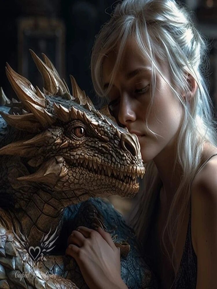 Алмазная мозаика на подрамнике "Девушка и дракон" круглые бриллианты 40х50см