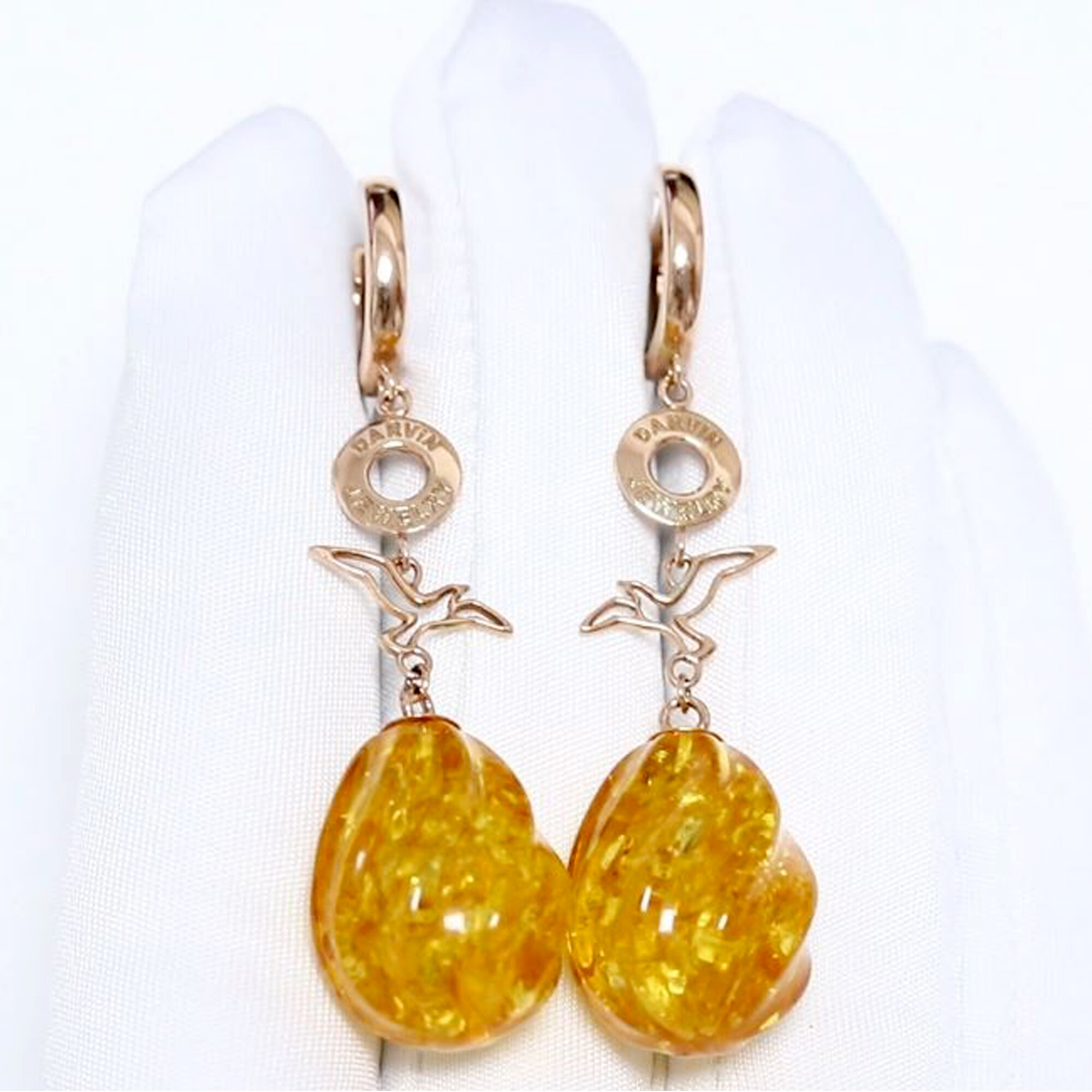 Серьги, серебро, 925 проба, золочение, янтарь