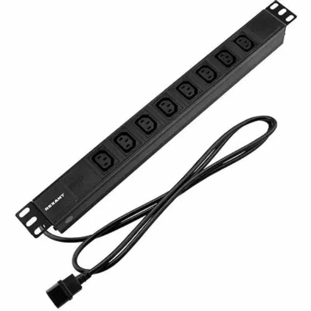 Rexant Розетки и патч - панели 04 - 0304 - 1 Блок распределения питания для 19" шкафов, горизонтальный, 8 розеток C13, 10A, без выкл, алюм корп, шнур 2м, вилка C14