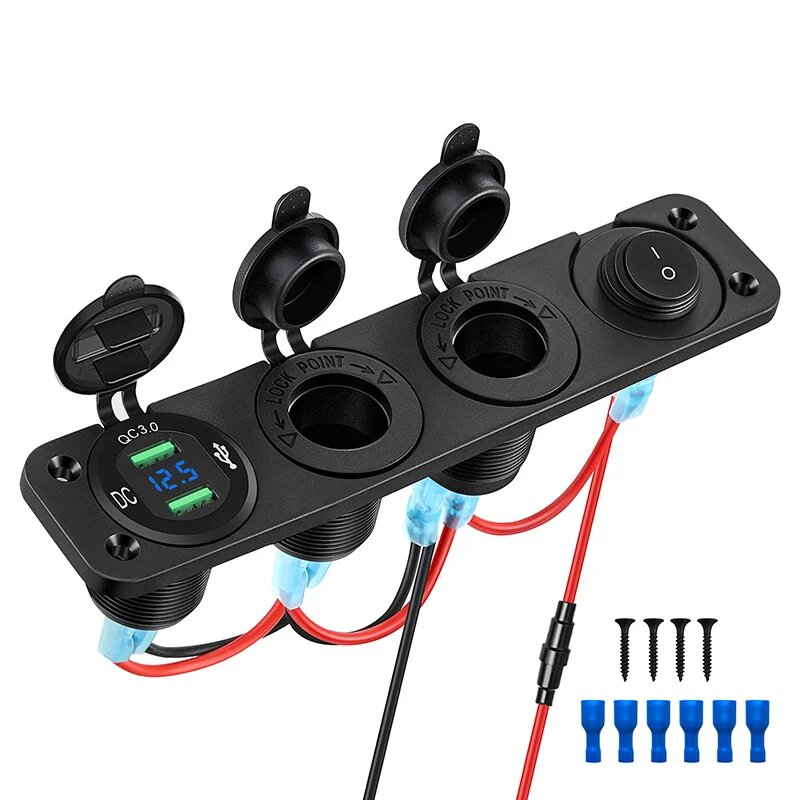 12 В USB-розетка, панель, двойная быстрая зарядка 3.0, USB-розетка для автомобильного зарядного устройства, розетка прикуривателя, тумблер включения и выключения, Blue set