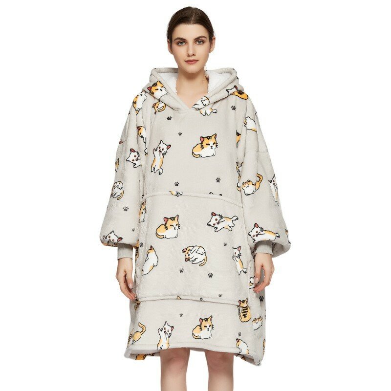 Плюшевый теплый плед худи с рукавами