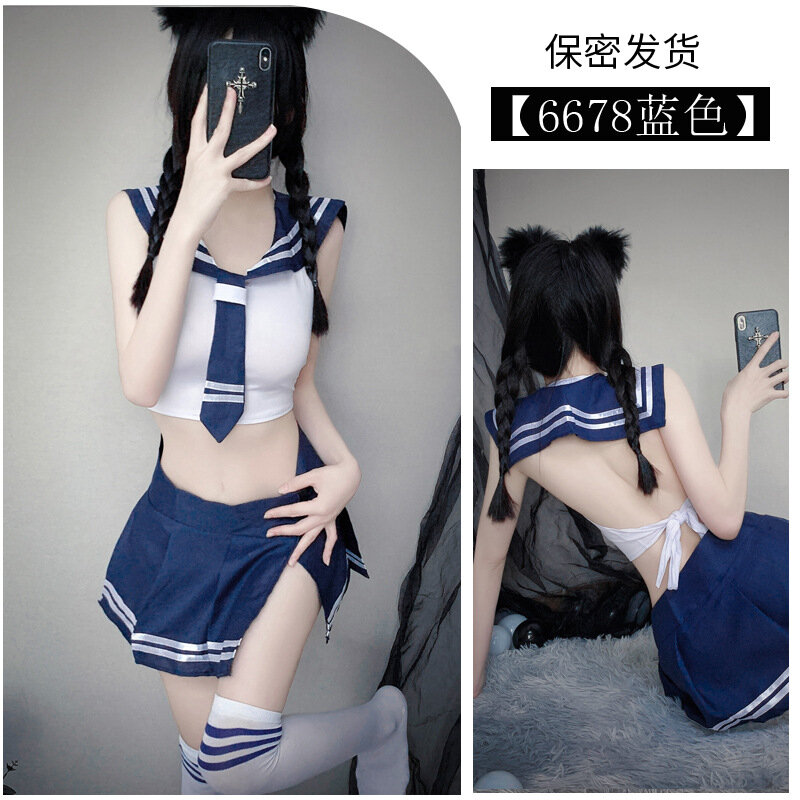 Сексуальный комплект нижнего белья из струящейся марли для студенток, костюм для сценического выступления в виде школьной формы 6678. Синяя школьная форма.