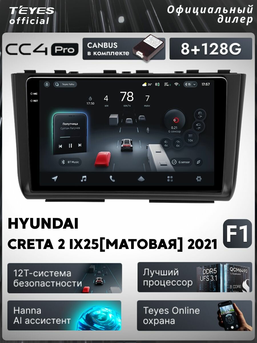 Магнитола Hyundai Creta 2 IX25 2021 Teyes CC4 Pro 8/128GB, штатная магнитола, 8-ми ядерный процессор, QLED экран, 2 DS