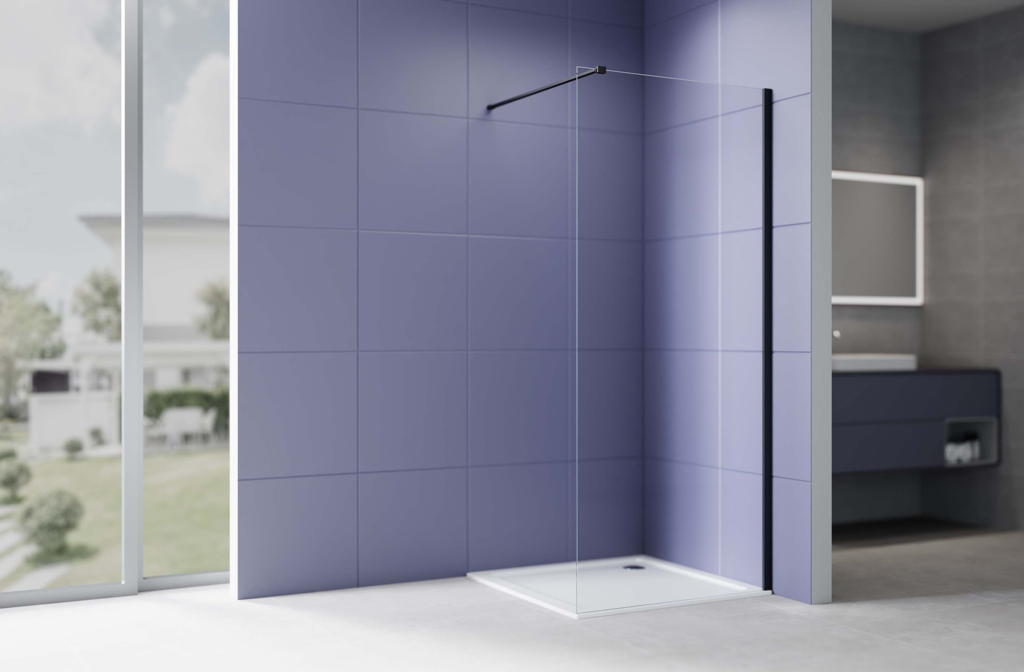 Душевая перегородка с держателем AQUATEK Walk In 900x2000 AQ. WI.090.1BL черный матовый/стекло прозрачное