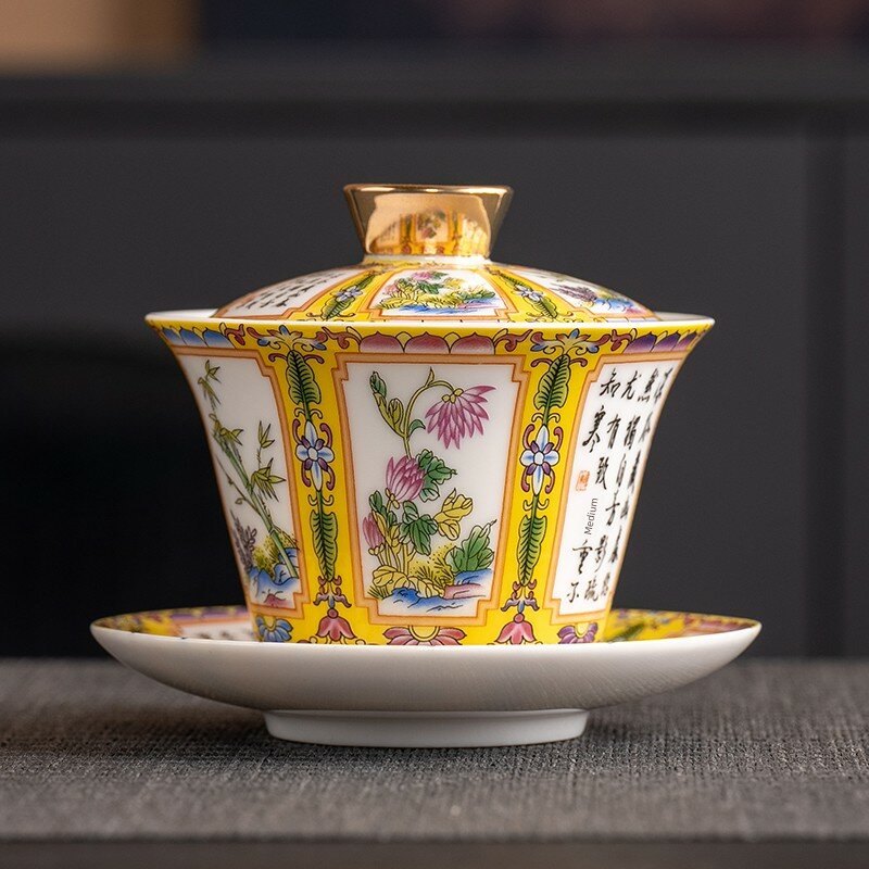 Чайник-чашка с 360-градусным подвесным механизмом, 180 мл, желтый узор с примулой, орхидеей, бамбуком и хризантемой