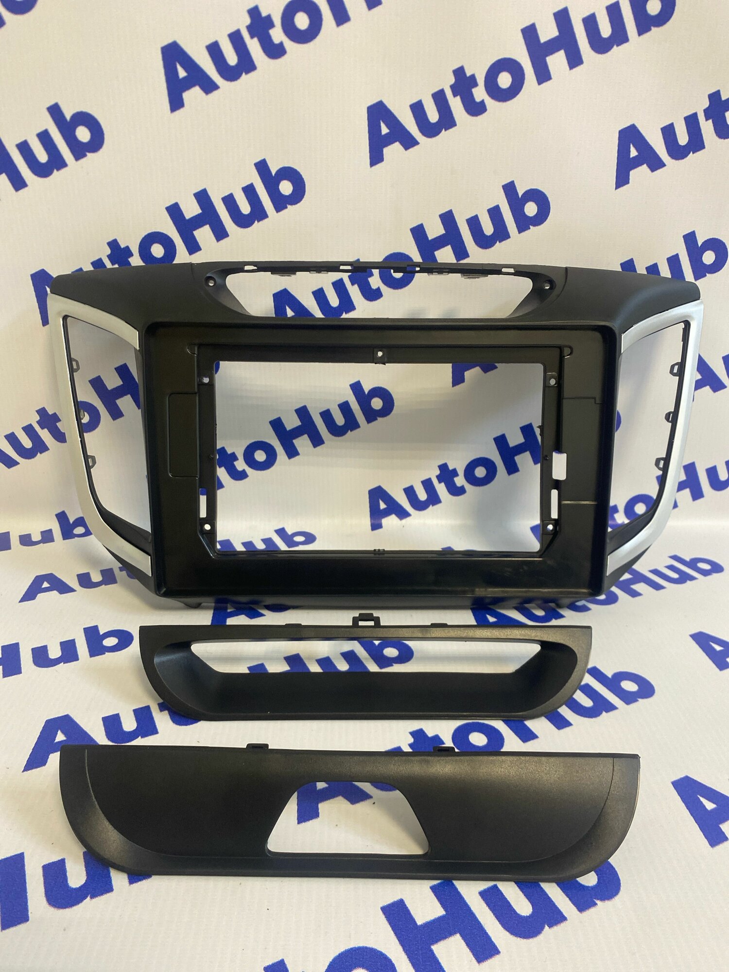 Переходная рамка для магнитолы + провода для подключения HYUNDAI iX-25 2014+, Creta 2015+ (Цвет: черный с серебристыми вставками, 9 дюймов)