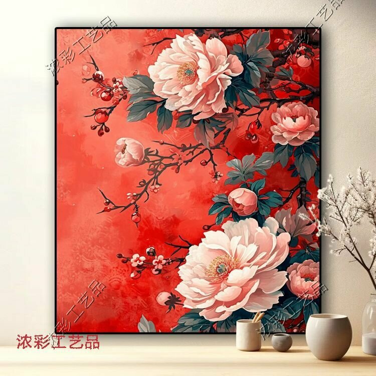Цифровая масляная живопись с цветком пиона под красной стеной, DIY ручная роспись акрилом, декор для гостиной, входная подвесная картина