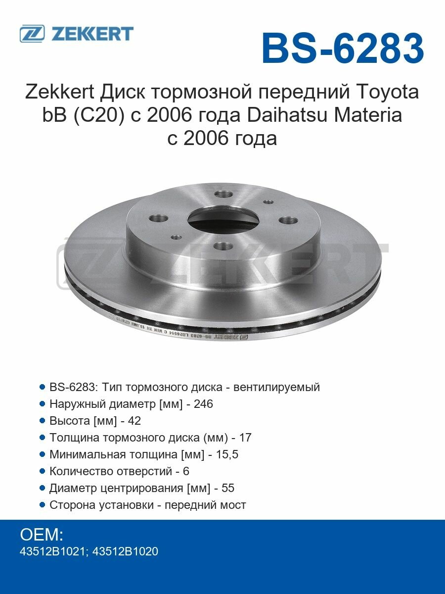 Zekkert Диск тормозной передний Toyota bB (C20) с 2006 года Daihatsu Materia с 2006 года