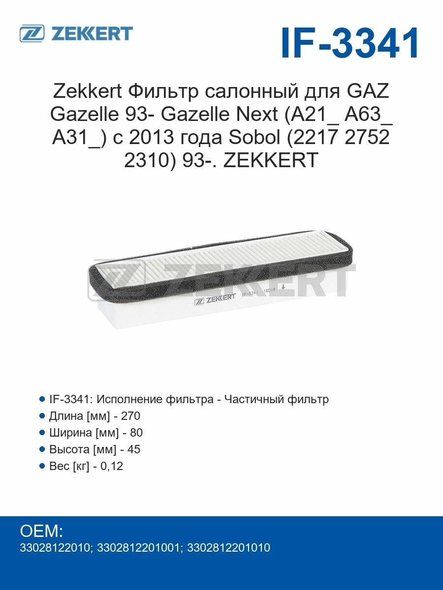 Zekkert Фильтр салонный для GAZ Gazelle 93- Gazelle Next (A21_ A63_ A31_) с 2013 года Sobol (2217 2752 2310) 93-. ZEKKERT