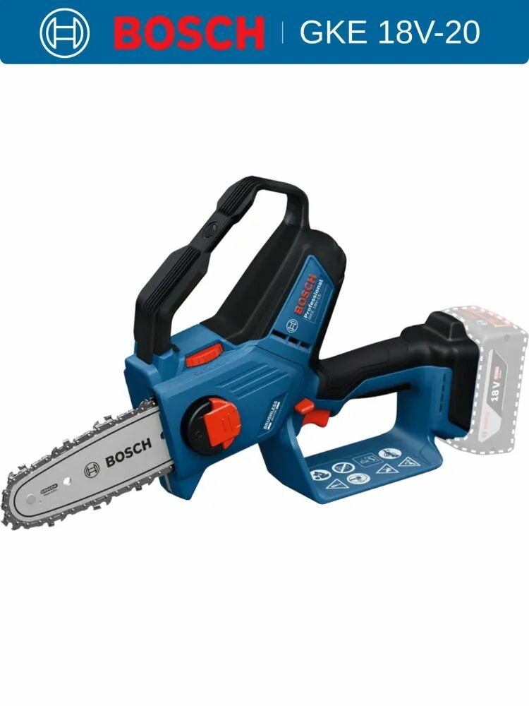 Аккумуляторная мини-пила GKE 18V-20 Professional, бесщеточный двигатель, длина реза 20 см, гиросенсор безопасности, без АКБ и ЗУ, арт. 06008D7100