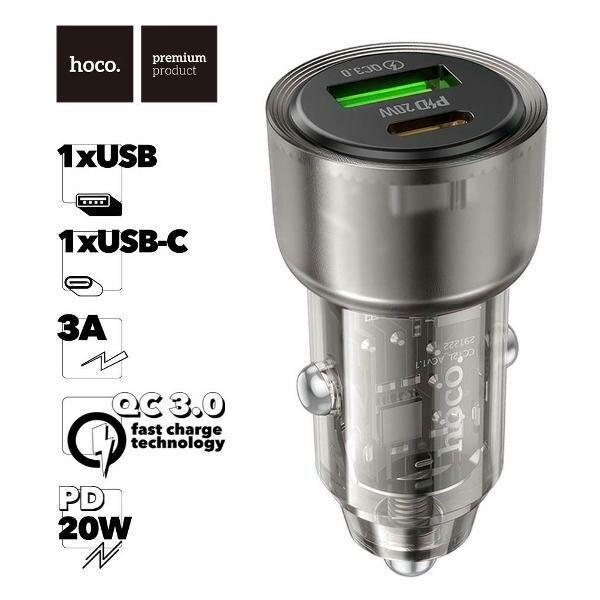 Автомобильное ЗУ для смартфонов Hoco Z52 Spacious 1xUSB, 1xUSB-C, 3А, 38W, PD20W, QC3.0