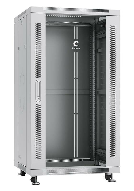 Шкаф монтажный телекоммуникационный напольный SH-05C-22U60/80 19дюйм 22U 600х800х1166мм для распределит. и серверн. оборудования передн. стеклян. и задн. сплошн. метал. двери ручка с замком RAL сер. Cabeus 7049c