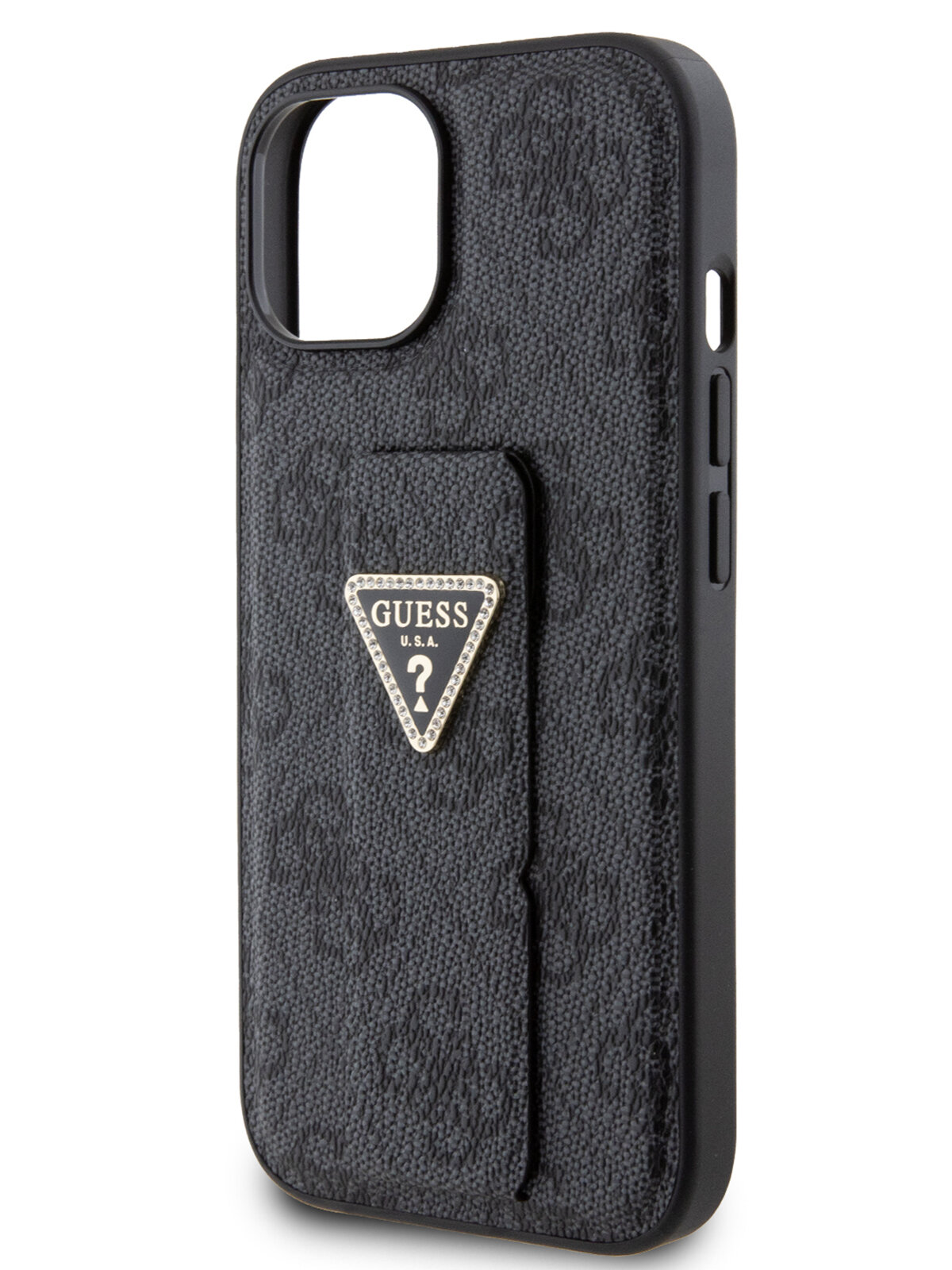 Guess для iPhone 15 чехол GripStand PU 4G with Triangle Diamond metal logo Hard Black