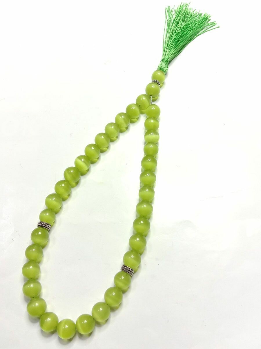 Мусульманские четки из кошачьего глаза, 33 бусины, диаметр 10 мм. в подарочной коробке.