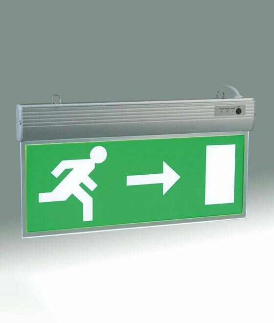 Световой указатель аварийный светильник MBD-089T Е-62 выход направо, двухсторонний, автономный режим 120 мин, подвесной 390х200х25мм