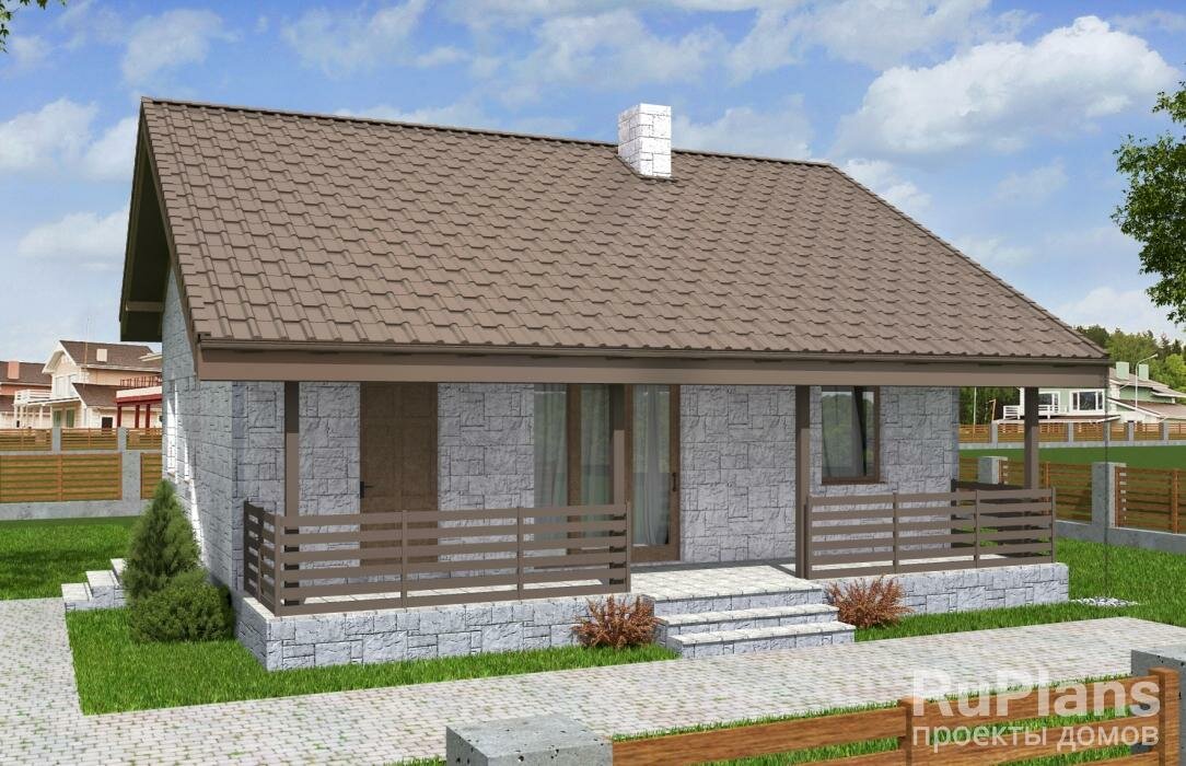 Проект одноэтажного дома с террасой (57 м2, 10м x 10м) Rg5700