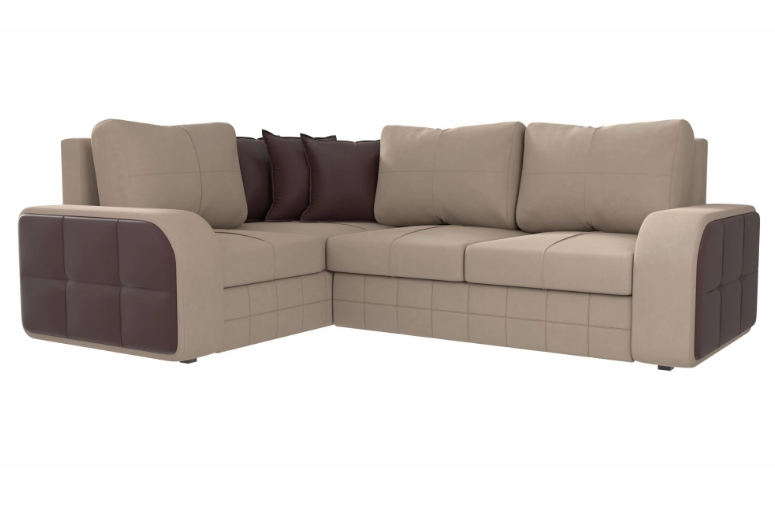 Угловой диван Николь №2, Велюр, Темно Бежевый/Экокожа Коричневый, Угол левый, Ящик для белья, 268х195х95см