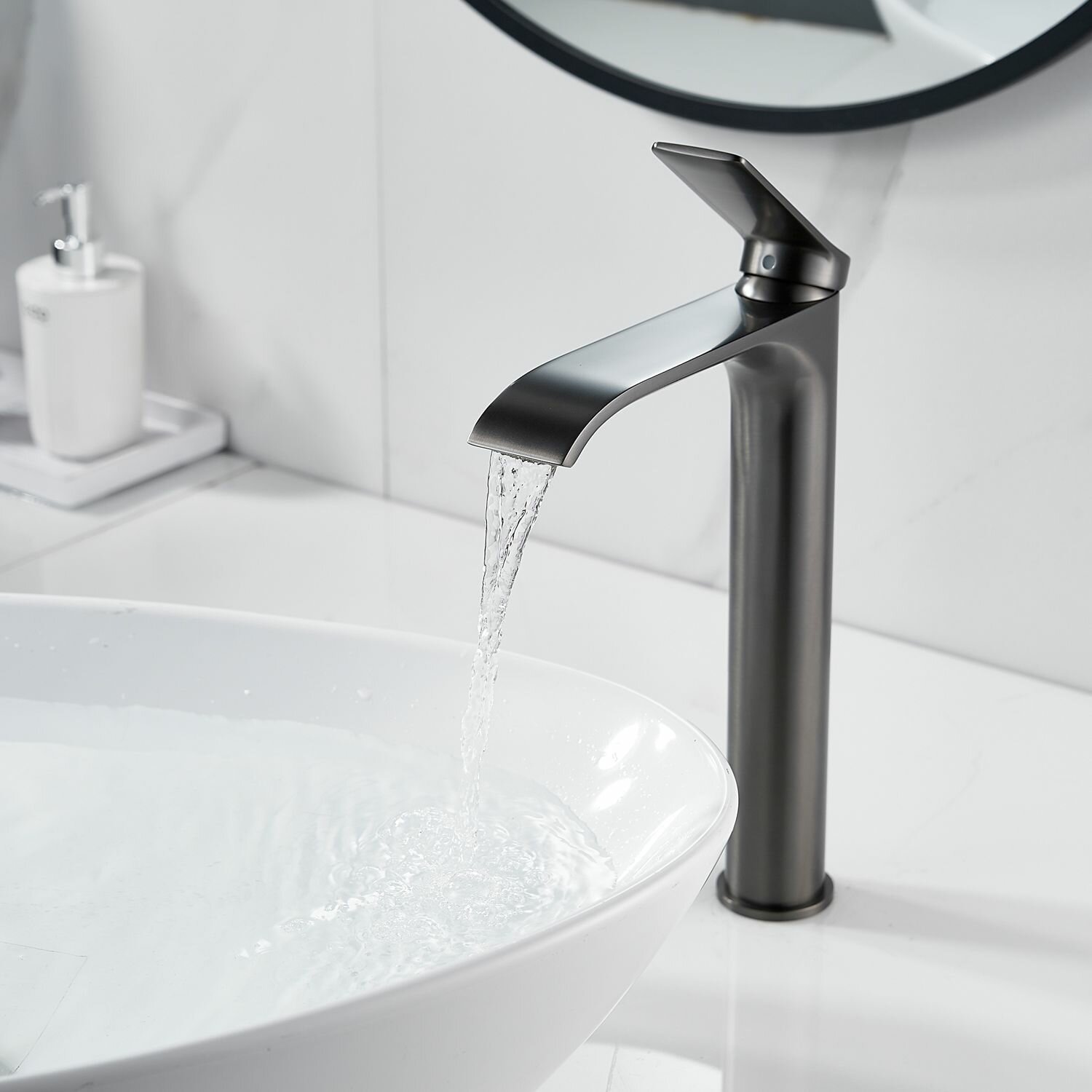 Смеситель высокий для накладной чаши раковины Shevanik с каскадным изливом