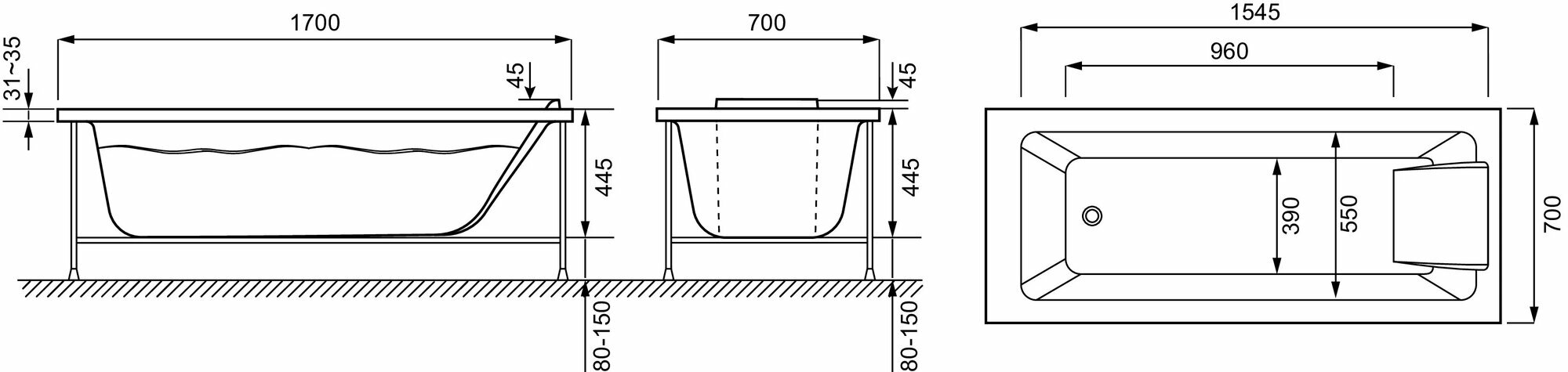 Акриловая ванна Jacob Delafon "Sofa", 170 см x 70 см, глянцевая, белая