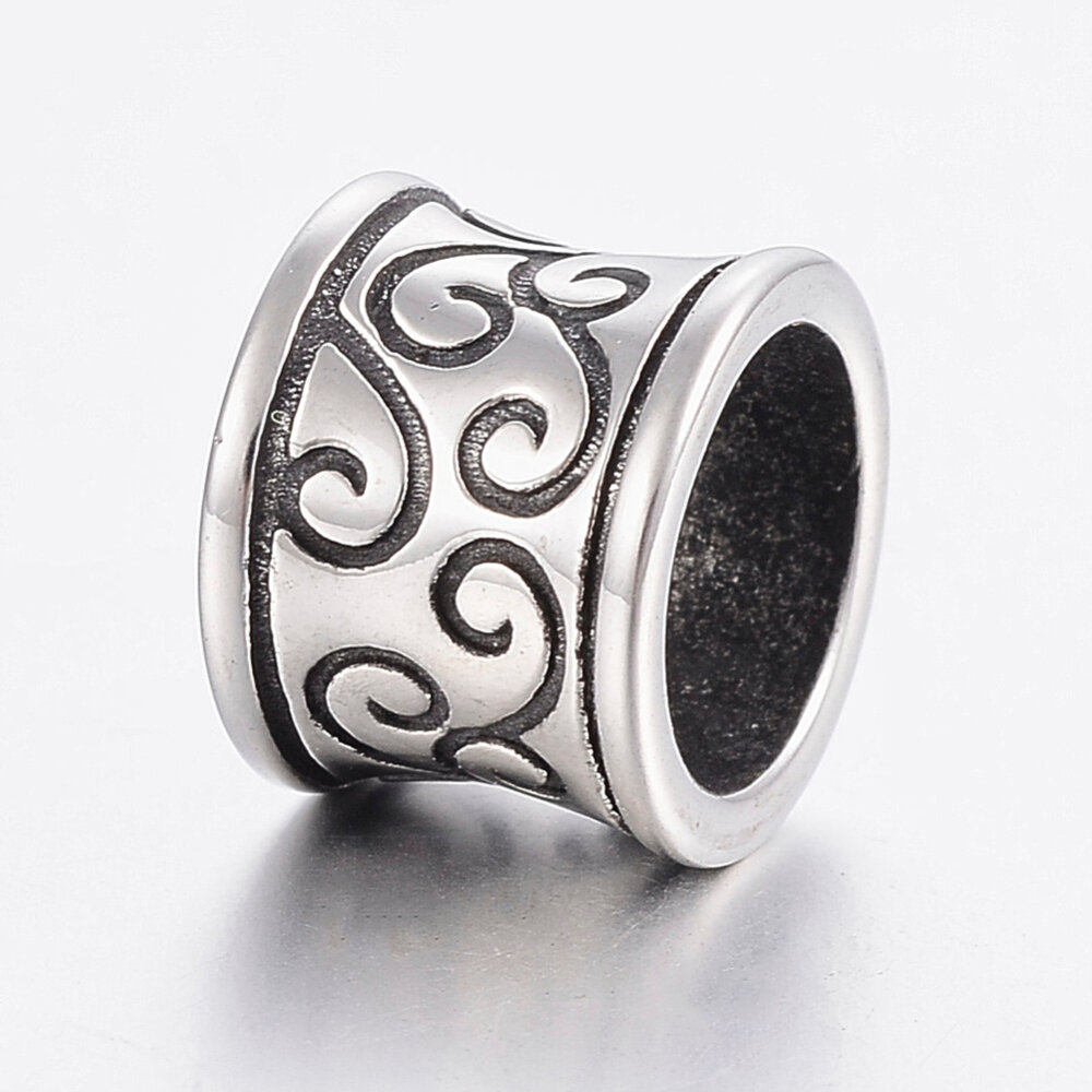 Бусина металлическая, 12х9.3мм, цилиндр с завитками, базовый материал - нержавеющая сталь, без покрытия, с чернением, 1 шт.