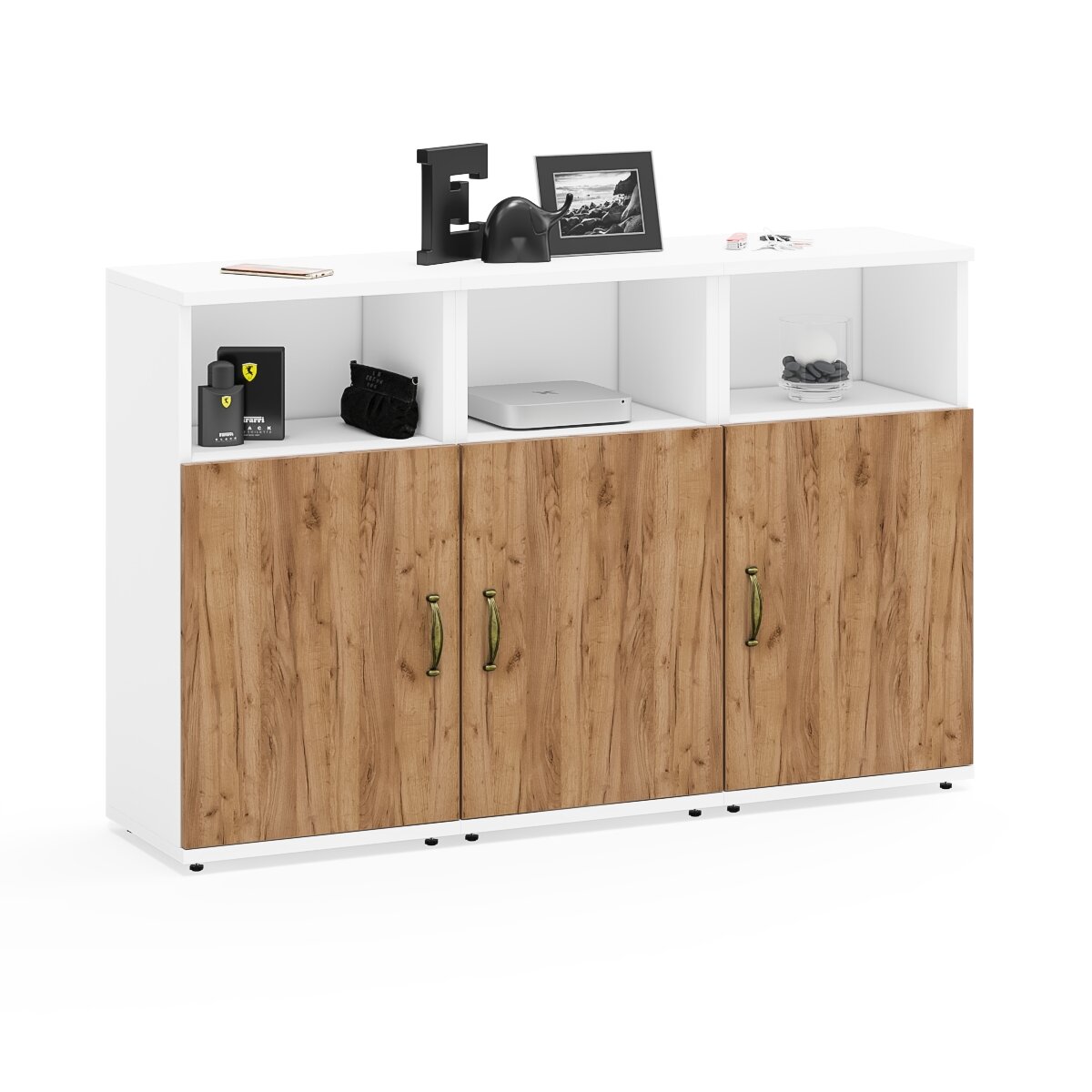 Три тумбы Мебельный двор Лидер-8 3-19 белый шагрень/крафт золото, 120х30х75 см.