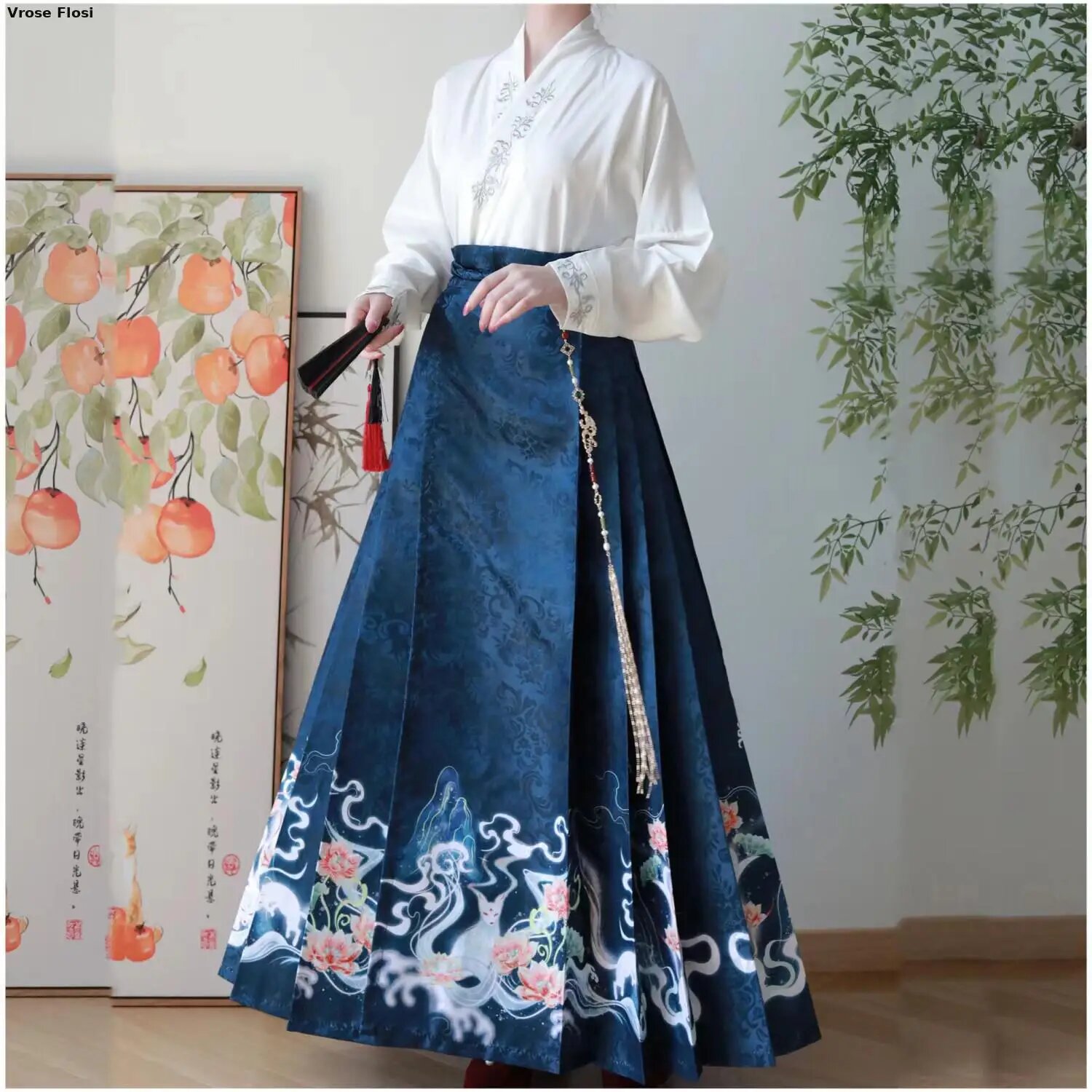 Китайский традиционный костюм Ханьфу KUCLUT для женщин Темно-синий, XL, top blue skirt set