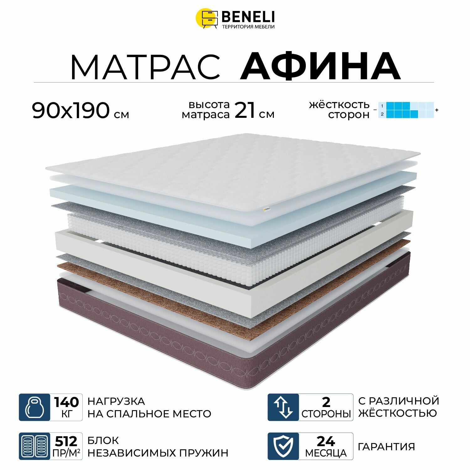 Ортопедический матрас Beneli Афина, Независимые пружины, анатомический, с эффектом памяти, высота 21 см, 90х190 см, 1 шт.