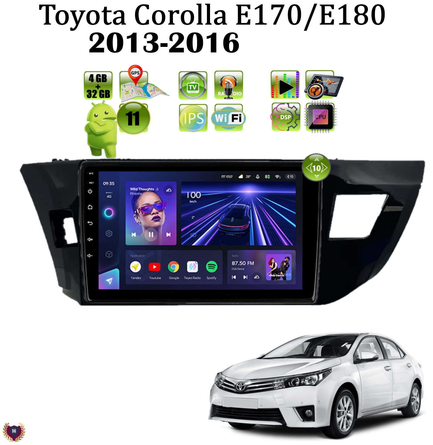 Автомагнитола для Toyota Corolla E170/E180 (2013-2016), Android 11, 4/32 GB, GPS, Bluetooth, WiFi, IPS экран, FM, TV, сенсорные кнопки, поддержка кнопок на руле