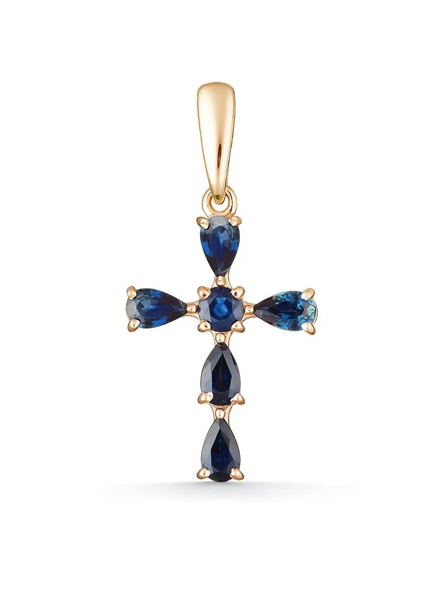 Крестик, красное золото, 585 проба, бриллиант, сапфир