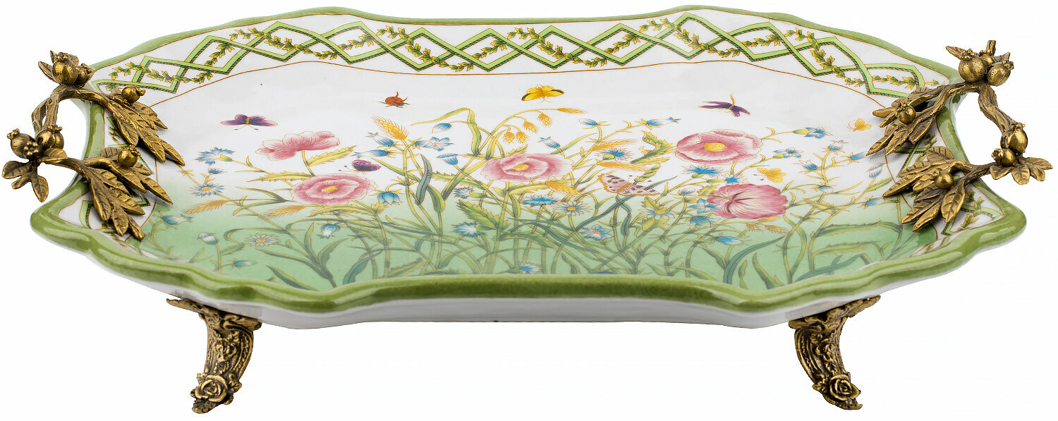 C227EC/H0711 Блюдо на ножках с ручками 38х30х9см, Фарфор, бронза, Glasar