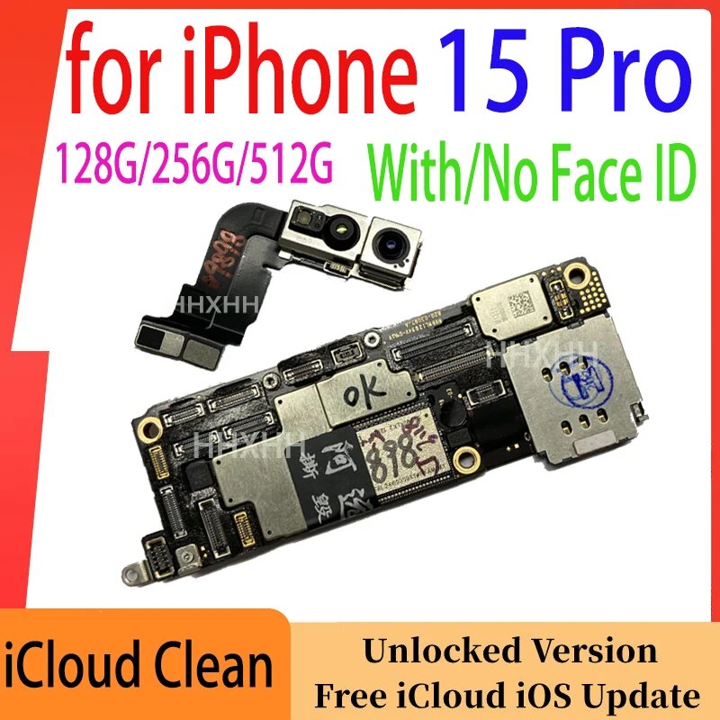 Логическая плата для iPhone 15 Pro, чистая материнская плата без iCloud, поддержка обновлений, полный набор чипов, Face ID, материнская плата с поддержкой US E-SIM / CN EU SIM версии. Sim 256G With Face