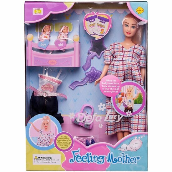 Кукла Defa 8009d/клетка Lucy Мама платье в клеткус 2 малышами и аксессуарами 29 см