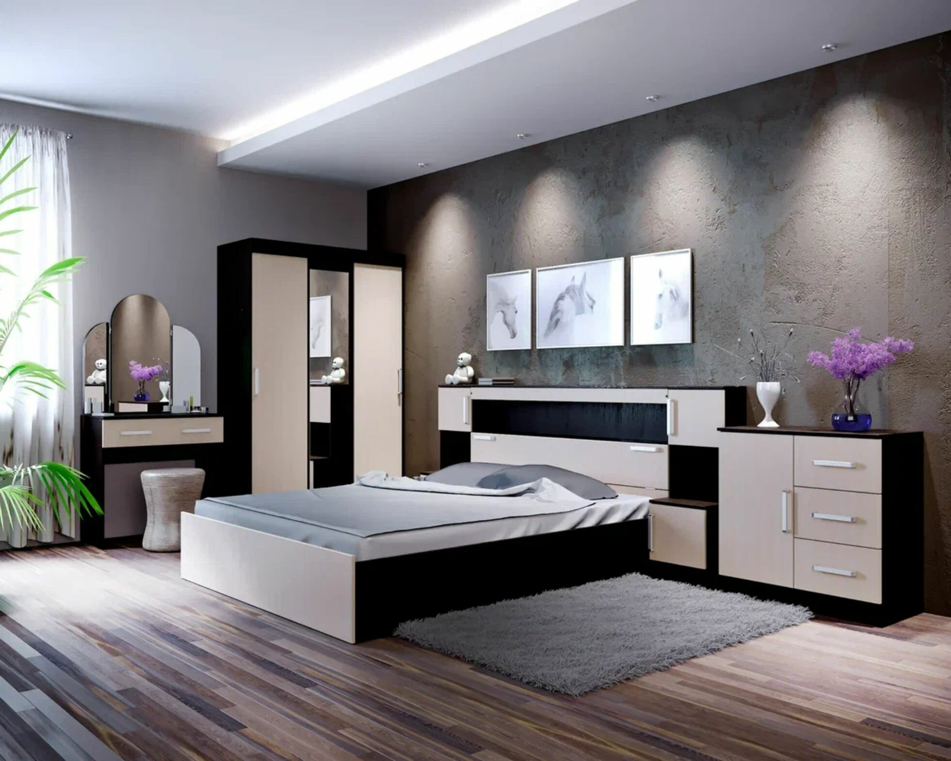 Комплект мебели для спальни Басямиф (Композиция №5) Дуб беленый/Венге