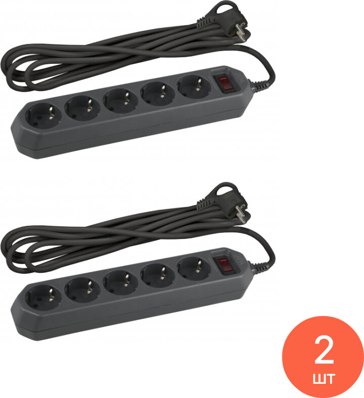Удлинитель бытовой ЭРА USF-M-5es-1.5m-B с заземлением и выключателем 3x0.75мм2, 1.5 метра, 5 розеток черный Б0019032 / сетевой фильтр (комплект из 2 шт)