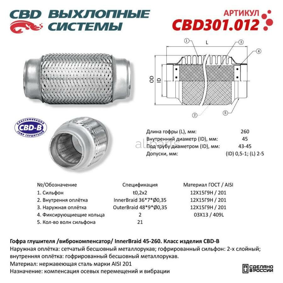 CBD CBD301.012 Гофра глушителя 3-сл Innerbraid 45-260 для UNIVERSAL /D=45mm L=260mm CBD CBD301.012