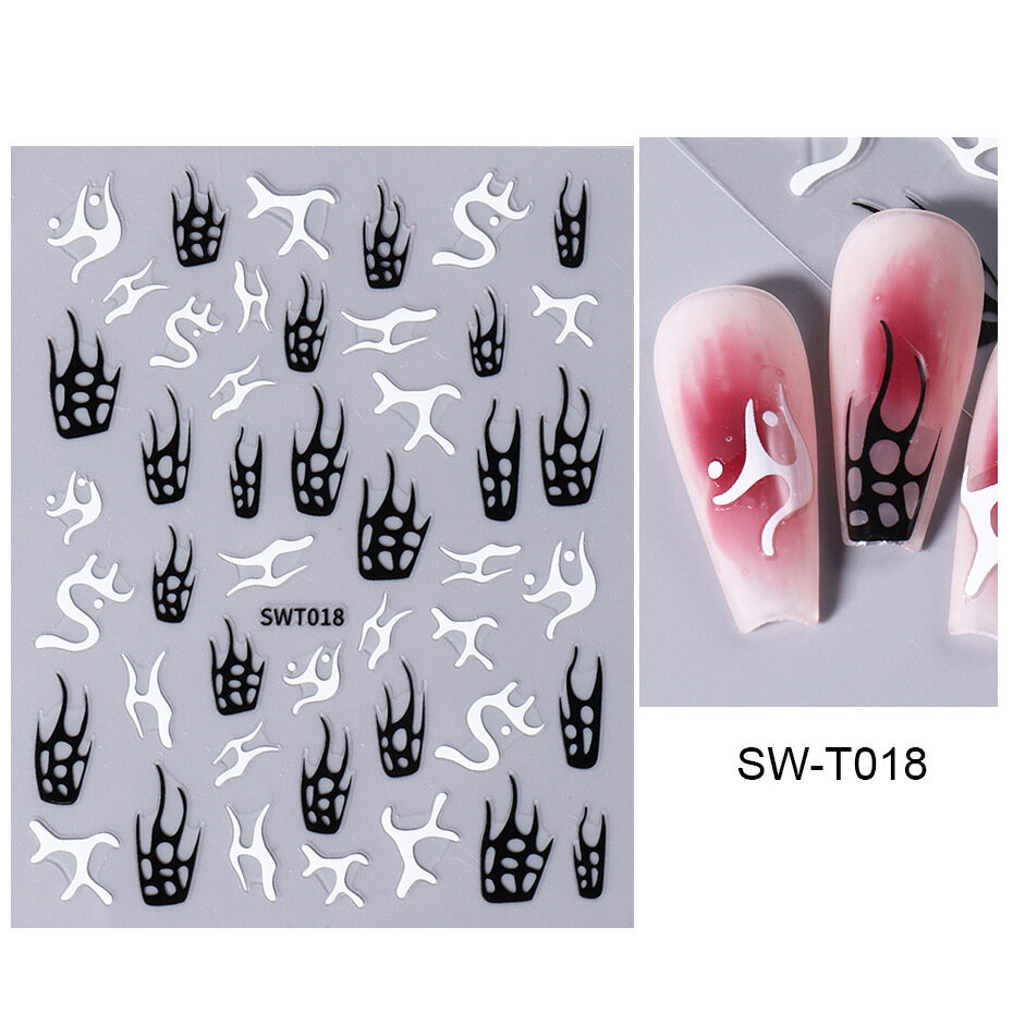 Наклейки для ногтей SW-TN018, горячее серебряное пламя, черно-белые, зеркальные