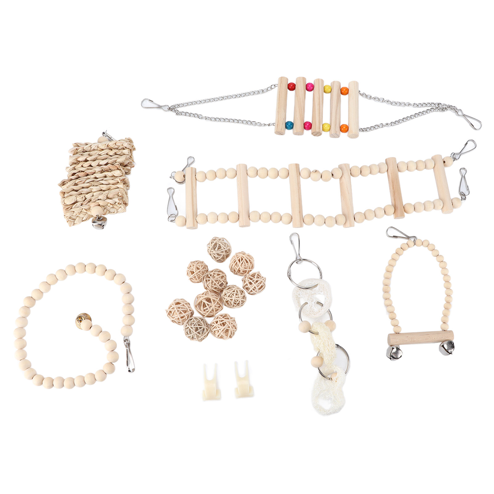 Набор жевательных игрушек для попугаев: подвесной гамак из натурального дерева, качели для клетки, игрушки для волнистых попугаев и корелл.