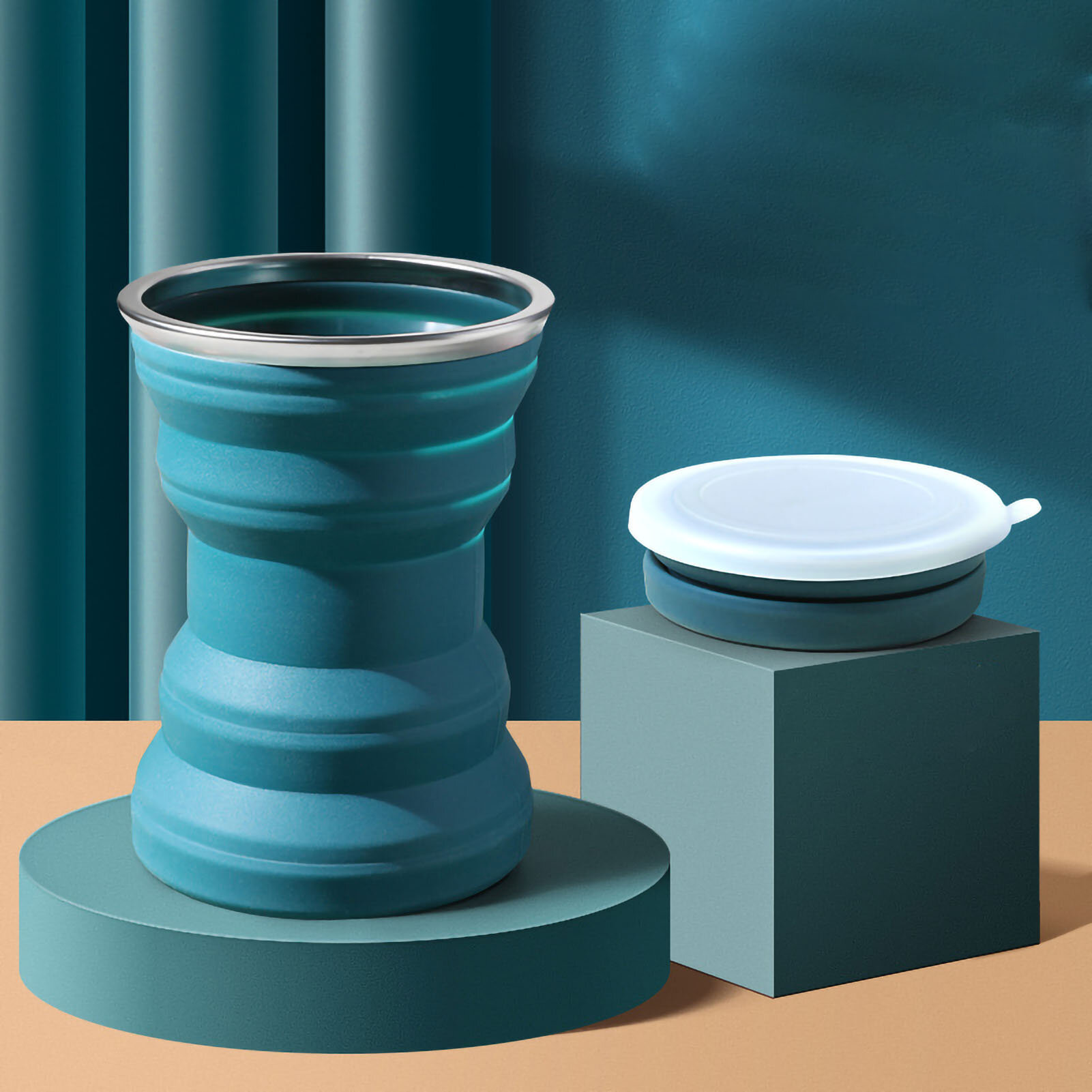 Складной силиконовый стаканчик, оригинальный, портативный, экономящий место, складной мини-стаканчик с крышкой для путешествий на природе, 320 мл, серый, озерно-голубой