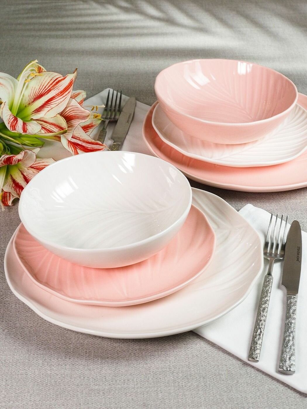 Набор фарфоровых тарелок в подарочной упаковке бали 6 предметов, цвет розовый/белый. STENOVA HOME