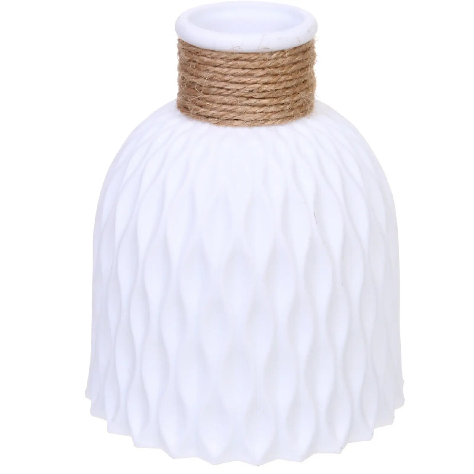 Ваза пластиковая «Розали» 12х15см, белый цвет, рельефный узор, джутовая обмотка для стильного интерьера
