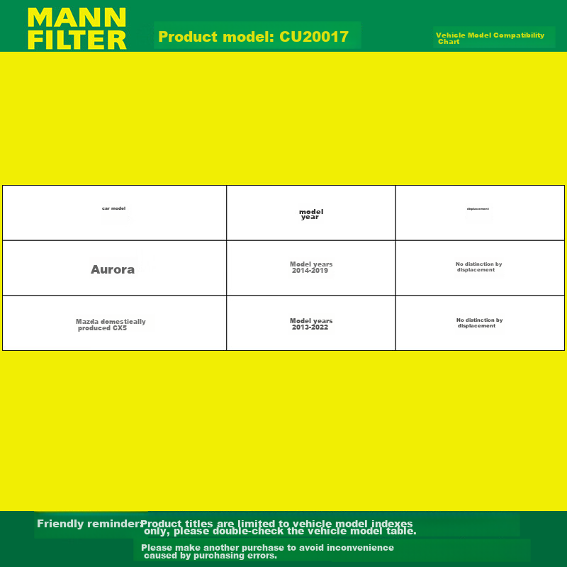 MANNFILTER Air Conditioning Filter, Air Conditioning Filter Element, Air Conditioning Filter CU20017, for Mazda CX-5/Axela 1.5L 2.0L