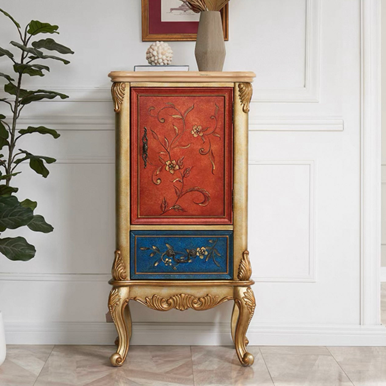 Высокая тумба с выдвижным ящиком в винтажном американском стиле Mourie (золото+красный)